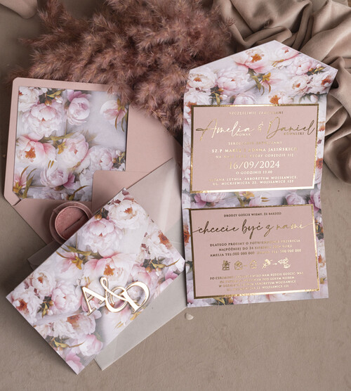 Kwiatowe złote zaproszenia ślubne z lustrzanym monogramem, Kopertowe ...